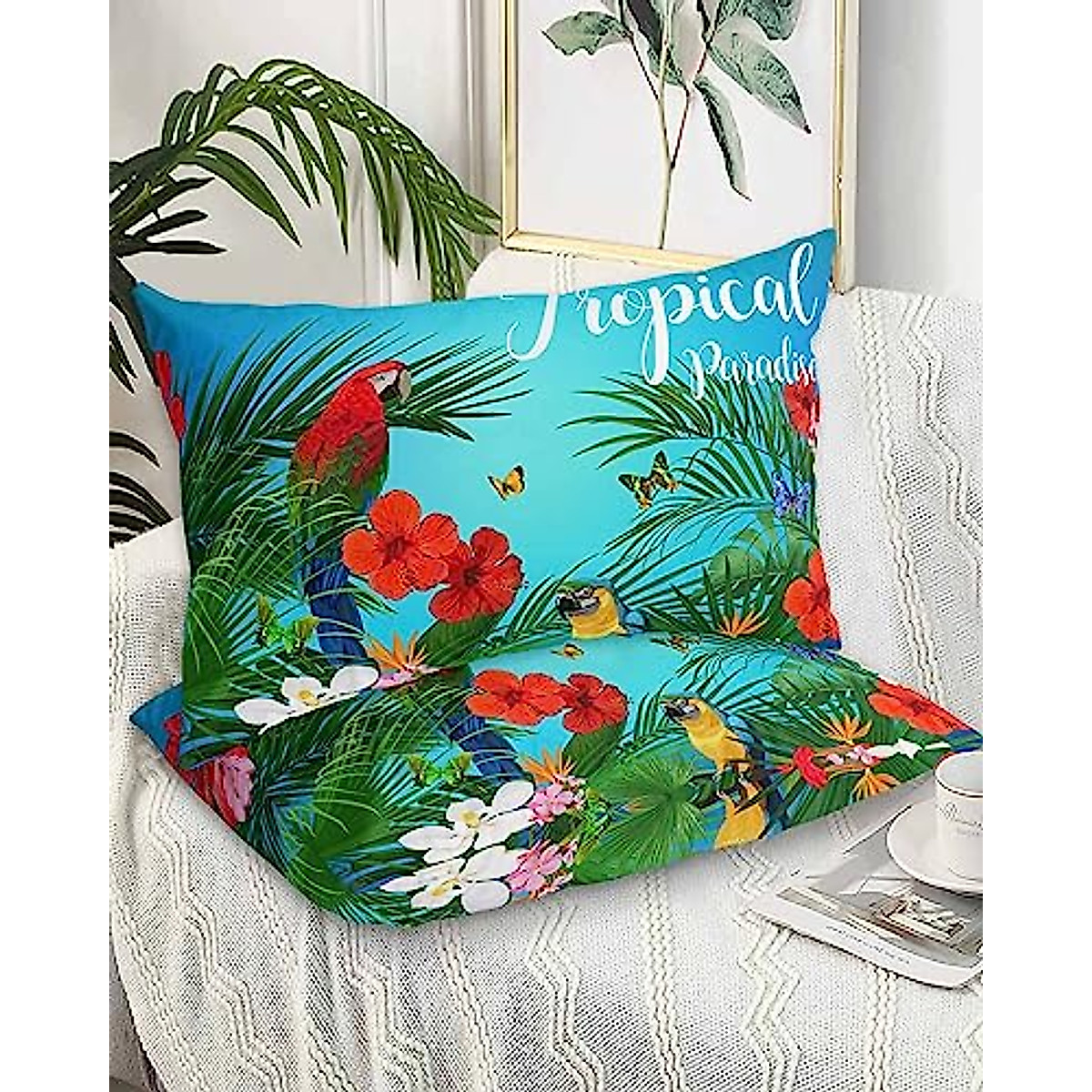 Tropical Plants Pillow Covers King Standard Set of 2 Bed Pillow, Colorful Summer Flowers Botanical Parrot Blue Plush Soft Comfort for Hair/ Skin Cooling Pillowcases with Envelop Closure 20''x36''