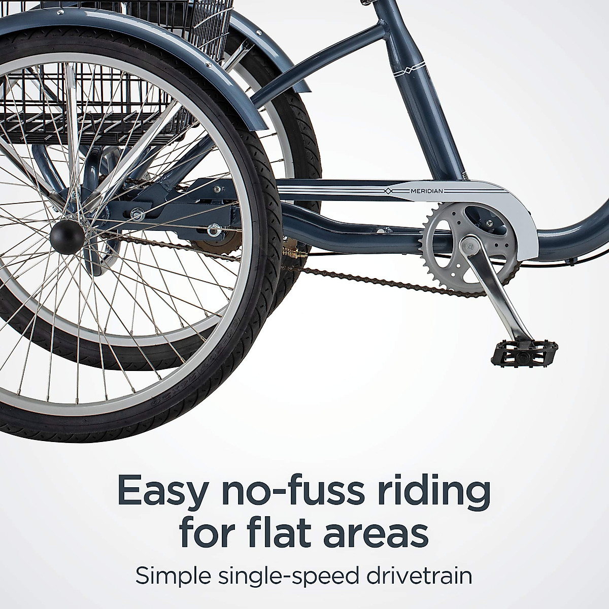 Schwinn Meridian Adult Tricycle Bike, Mens and Womens Three Wheel Beach Cruiser, 24-Inch Wheels, Low Step-Through Frame, Wide Seat, Rear Folding Basket, 1-Speed, Slate Blue