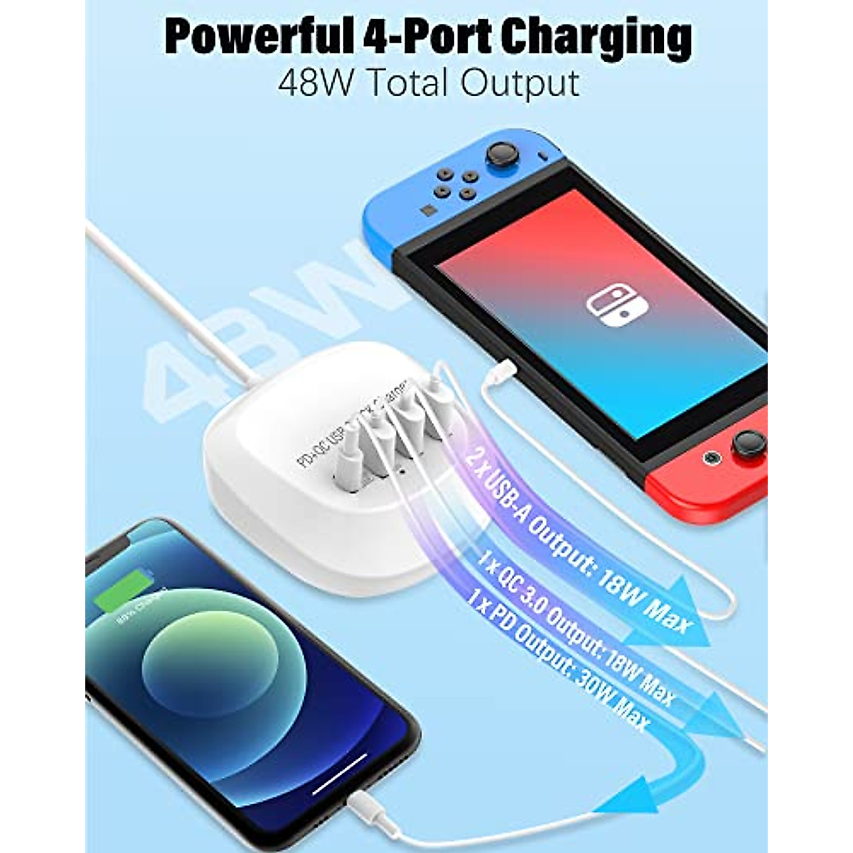 USB C Charger Station,4-Port (1*USB C 30W & 1*QC3.0 & 2*USB-A) USB Charging Station for iPhone 14 Series/13/13 Mini/13pro Max/12/12 Mini/12Pro/12 Pro Max/11/iPad/AirPod,Smart Phone,Multi Devices