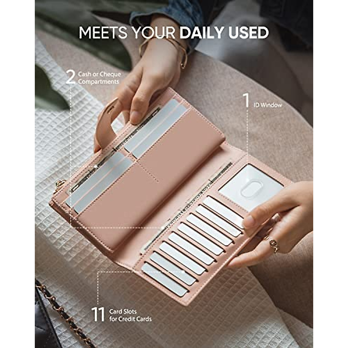 Vulkitty Wallet for Women Large Capacity Leather Purse RFID Blocking Credit Card Organizer with Zipper Pocket(Rose)