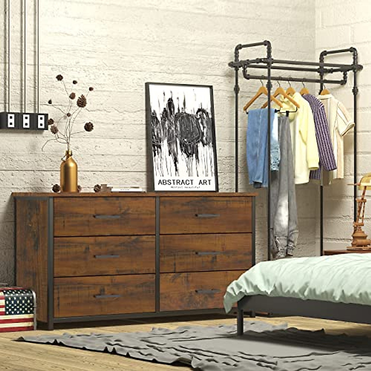 IKENO 6 Drawer Double Dresser, Industrial Wood Dresser for Bedroom, Storage Cabinet with Sturdy Steel Frame