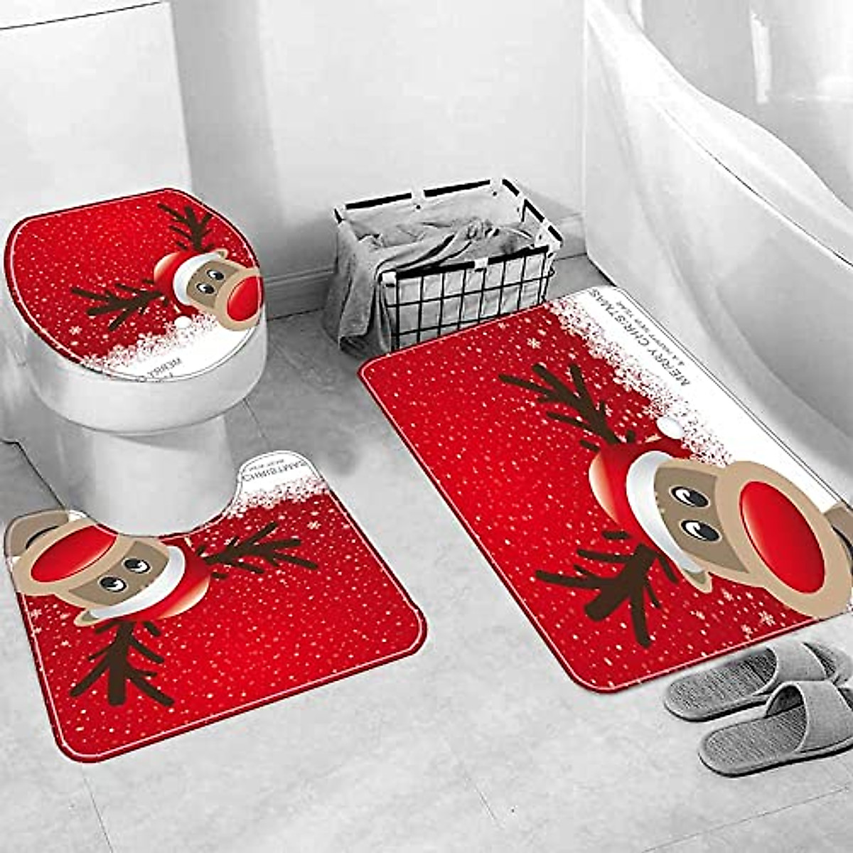 CRTEPST 4Pcs Christmas Shower Curtain Set,Christmas Shower Curtain,Non-Slip Bathroom Rugs,Toilet Cover,Bath Mat,Christmas Bathroom Snowman Decorations Santa Claus Xmas Decor (Christmas Elk)