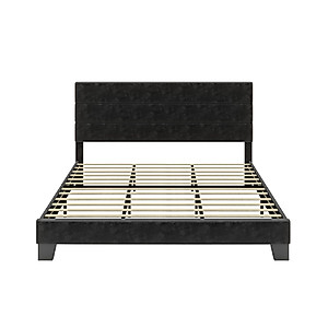 SHA CERLIN King Platform Bed Frame with Velvet Upholstered Headboard, Mattress Foundation with Strong Wooden Slats Support, No Box Spring Needed, Black