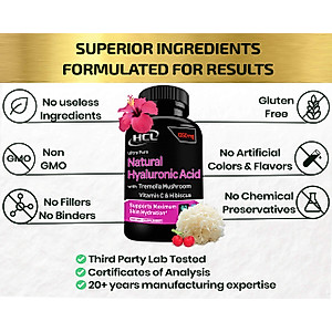 Natural Hyaluronic Acid Supplement 5X Stronger Hydration Pills from Pure Tremella Mushroom with Vitamin C & Hibiscus - Skin Supplement Anti Wrinkle Dietary Capsules - Hair Nails Vitamins