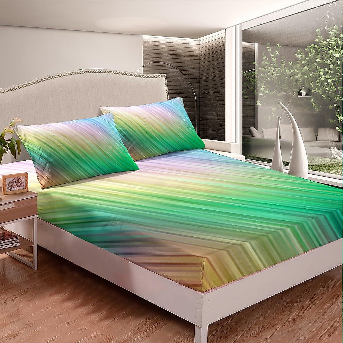 Girls Green Yellow Pink Stripes Bedding Set Twin Size Geometric Decor Bed Set for Teens Bedroom Decor Kids Sheet Microfiber Abstract Art Gradient Bed Cover(1 Fitted Sheet+1 Pillow Case)