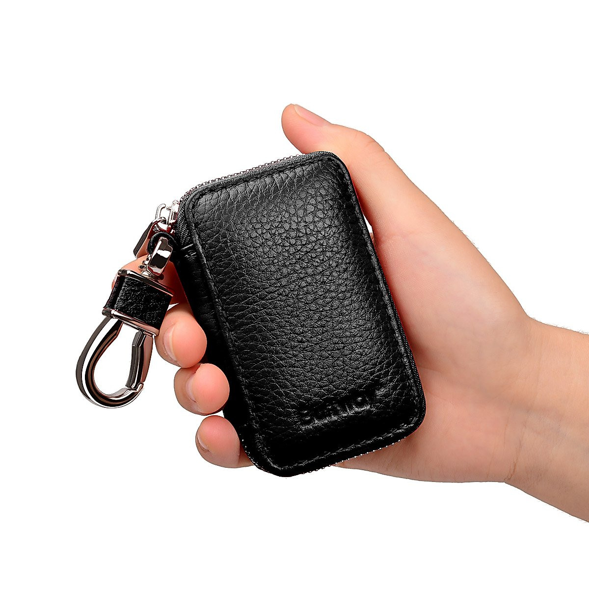 Buffway Car Key case,Genuine Leather Car Key Chain Keychain Holder Metal Hook and Keyring Zipper Bag for Remote Key Fob - Black
