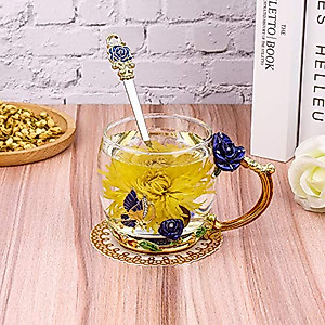 onepeng Birthday Gifts For Women, Glass Flower Tea Mugs,Fancy Tea Cups,Gifts for Mom Women Mothers Day Wife Friends Valentines Day Christmas(Rose-Blue-Short)