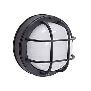 CORAMDEO Outdoor 8” Round LED Nautical Bulkhead Light, Flush Mount for Wall or Ceiling, Wet Location, 75W of Light, 900 Lumens, 3K, Black Cast Aluminum with Frosted Glass Lens