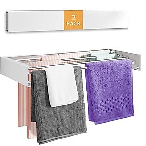 Dontinhu Laundry Drying Racks 2 Pack Collapsible, Wall Mounted Retractable Clothes Drying Rack, 45lbs Capacity, 8 Linear Ft,4 Metal Rods, with Wall Template (White2-23.6").