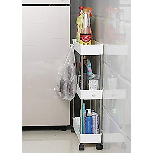 3 Tier Slim Storage Cart, Mobile Narrow Rolling Cart with Wheels, Conveniently Slide Out Organizer Shelf Cart for Kitchen Bathroom Pantry Laundry Narrow Space - Plastic (White)