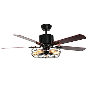 LuxureFan Vintage Industrial Ceiling Fan Light for Restaurant/Living Room with Create Iron Cage Cover Pull Chain/Remote and 5 Reversible Wood Leaves (48Inch)