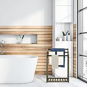 MyGift 3 Tier Matte Black Metal Bar Bath Towel Holder on Vintage Gray Solid Wood Frame Stand with Slatted Storage Shelf, Floor Standing Bathroom Drying Rack