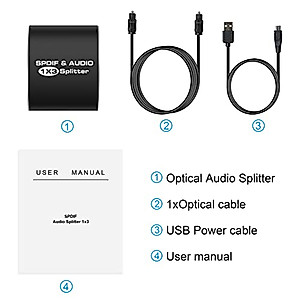 3 Port Digital Optical Splitter,SPDIF TOSLINK Digital Optical Audio Splitter 1x3(1 in 3 Out),Audio Format Support LPCM2.0 Doldy Digital & DTS 5.1
