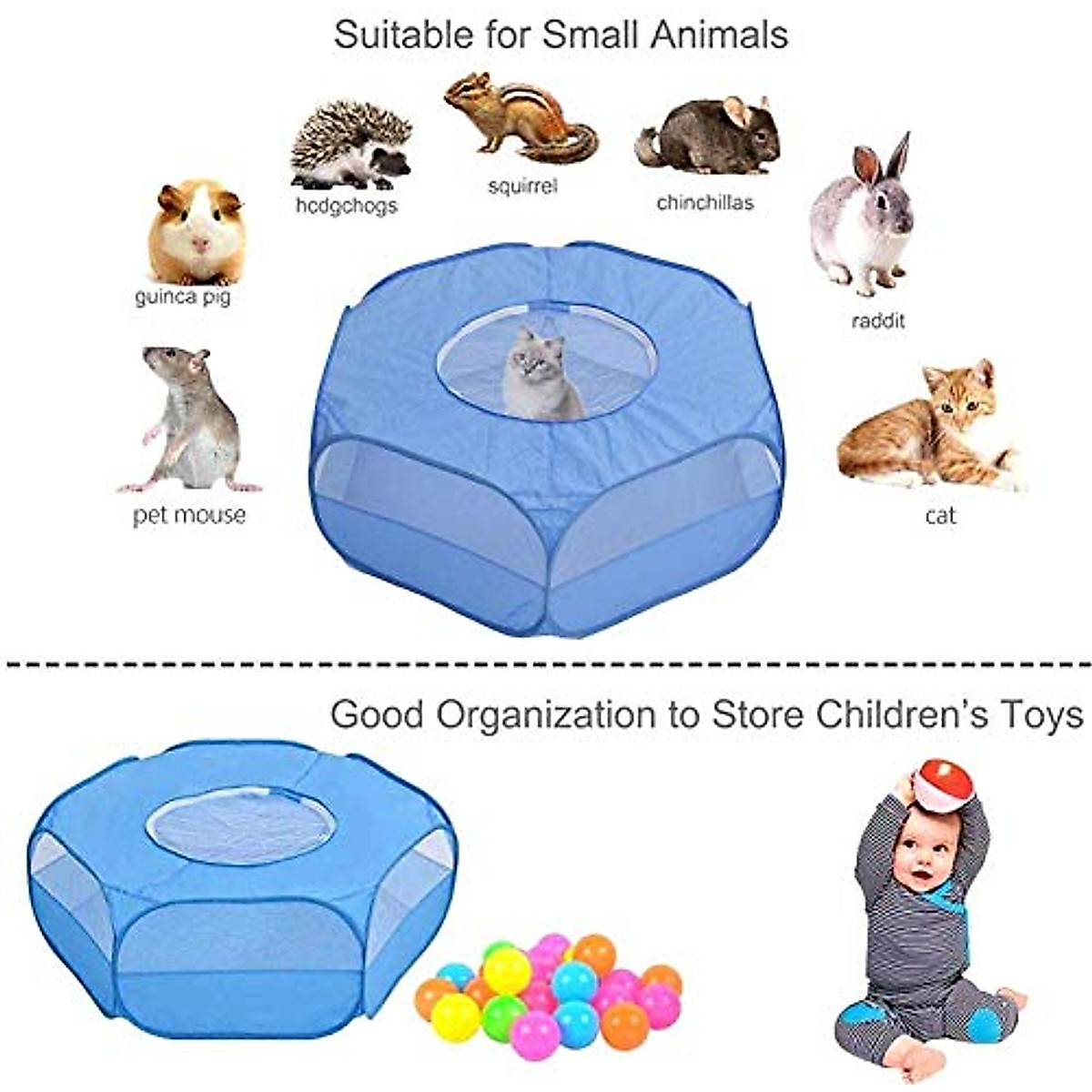 M MAIUS Small Animal Playpen, Pet Cage with Top Cover Anti Escape, Waterproof Small Animal Cage Transparent Yard Fence for Dog Cat Bunny Puppy Rabbits Guinea Pig Hamster Chinchillas Playpen (New Blue)