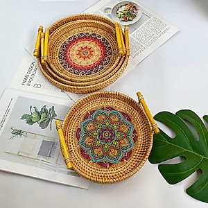 BDSJBJ Rattan Round Serving Tray,Rattan Woven Round Basket Decorative Woven Ottoman Trays with Handles Rustic Decorative Tray for Coffee Table Dinner Party Kitchen Organizer, Blue, 24*24*3CM