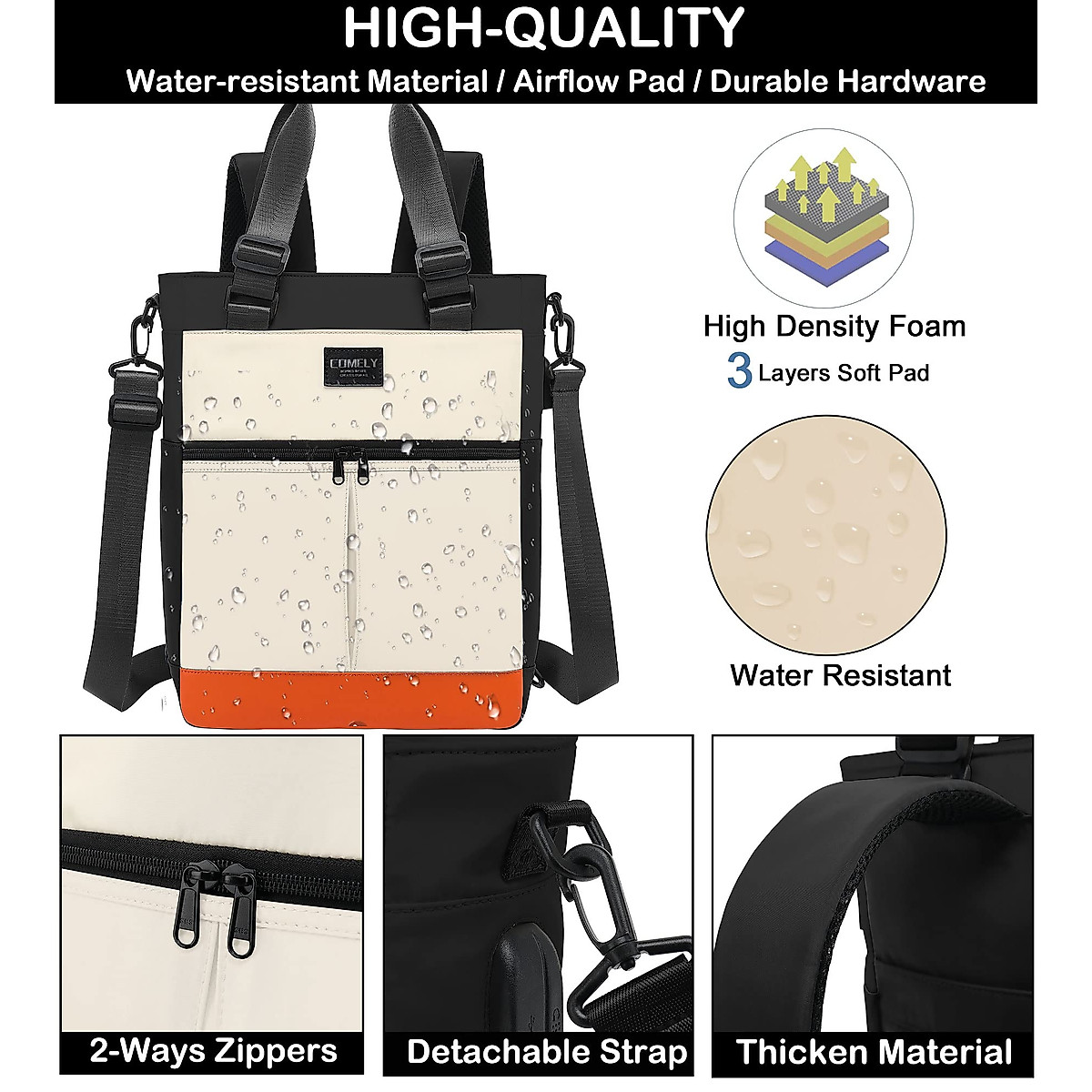 COMELY Backpack Tote for Women Casual Laptop Daypack Crossbody Bag 4-in-1 Travel Bookbag Diaper Bag Nurse Teacher Bag Water Resistant Wide Top Open for Daily Work College , Black B
