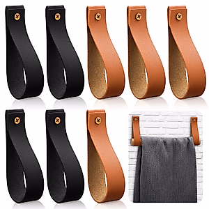 8 Pcs PU Leather Wall Hooks Wall Hanging Straps Pu Leather Curtain Rod Holder Towel Holders for Wall Faux Leather Strap Hanger Wall Mounted Pu Leather Hooks for Towel Bathroom Kitchen (Black, Yellow)