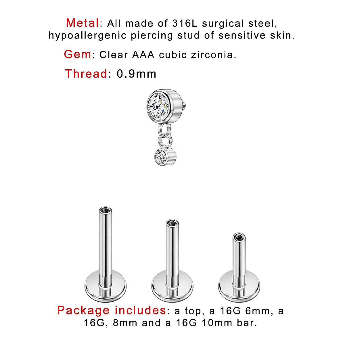 FANSING Clear CZ Dangle Earrings Stud Surgical Steel Silver Cartilage Conch Piercing Jewelry Helix Tragus Earrings Clear CZ End with 16g 6mm 8mm 10mm Internally Threaded Posts