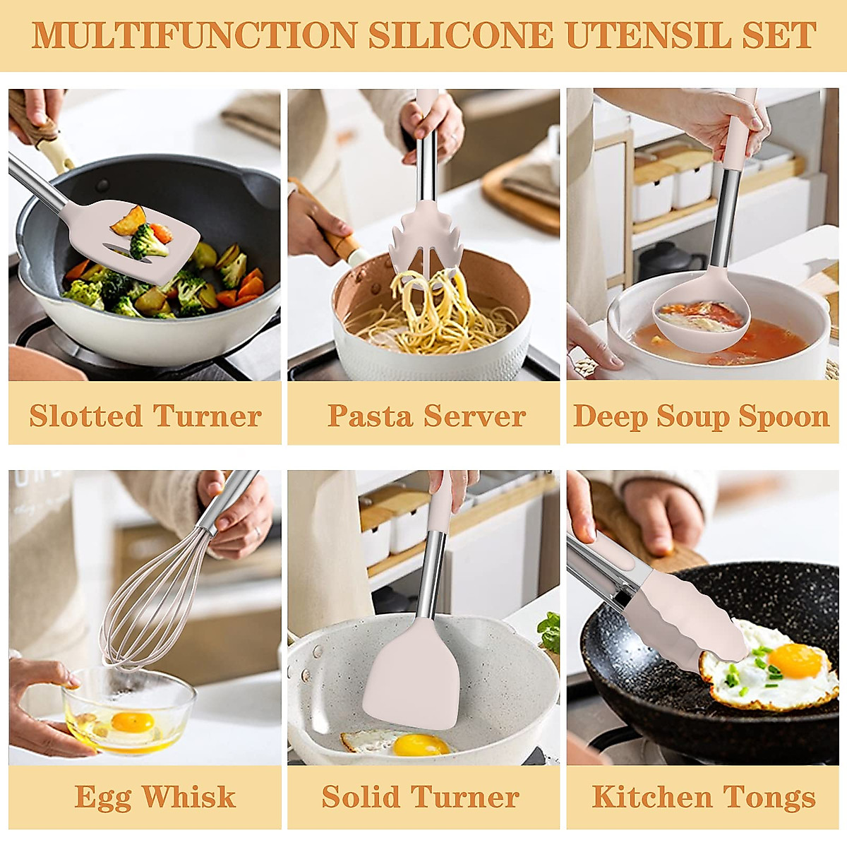 Silicone Cooking Utensil Set, Umite Chef 43 PCS Heat Resistant Kitchen Utensil Gadgets Set-Stainless Steel Handle- Kitchen Spatula Tools for Nonstick Cookware, Pots and Pans Accessories (Khaki)