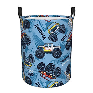 Gbuzozie Monster Truck Car Pattern Round Laundry Hamper Storage Basket Toys Clothes Organizer Bin For Home Bathroom Bedroom Dorm Nursery, 62l