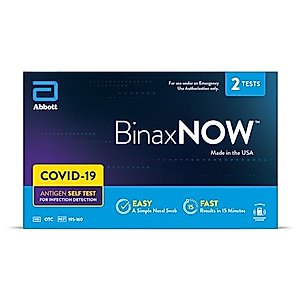 BinaxNOW COVID-19 Antigen Self Test, 1 Pack, 2 Tests Total, COVID Test With 15-Minute Results Without Sending to a Lab, Easy to Use at Home