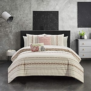 Chic Home Hewitt 5 Piece Cotton Comforter Set Farmhouse Theme Striped Pattern Design Bedding, King,Beige