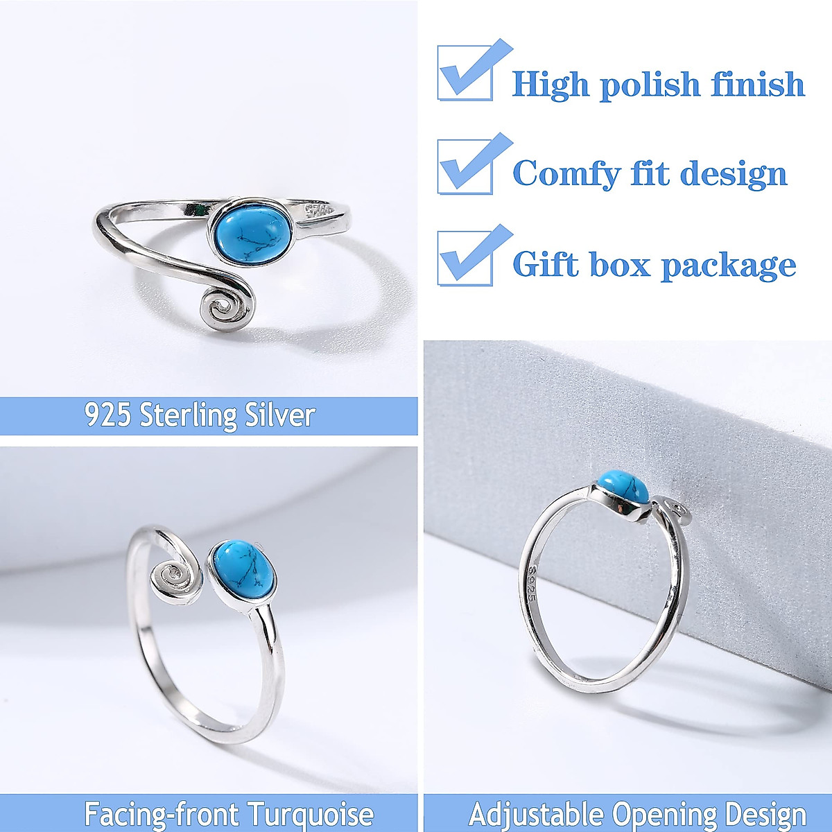 MILACOLATO 925 Sterling Silver Toe Rings Set for Women Hypoallergenic Adjustable Band Ring Open Toe Ring Foot Jewelry Minimalist Teardrop Turquoise Toe Rings Summer Accessory