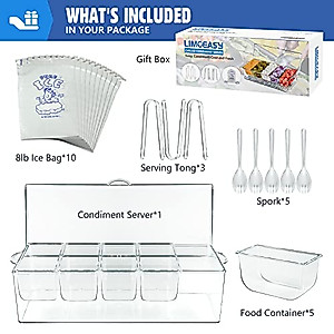 LIMOEASY Chilled Condiment Server, Clear Garnish Tray with Lid for Bar for Parties with 5 Removable Compartments, Ice Serving Bowl, Serving Containers for Fruit, Caddy, Snack, Sauce
