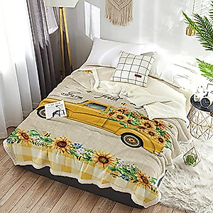 ArneCase Throw Blanket Cozy& Comfy Sherpa Fleece Blankets Yellow Farm Truck Carrying Sunflowers Vintage Style On Yellow Plaid Ultra Soft Fuzzy Plush Blanket for Couch,Sofa,Bed 39x49In