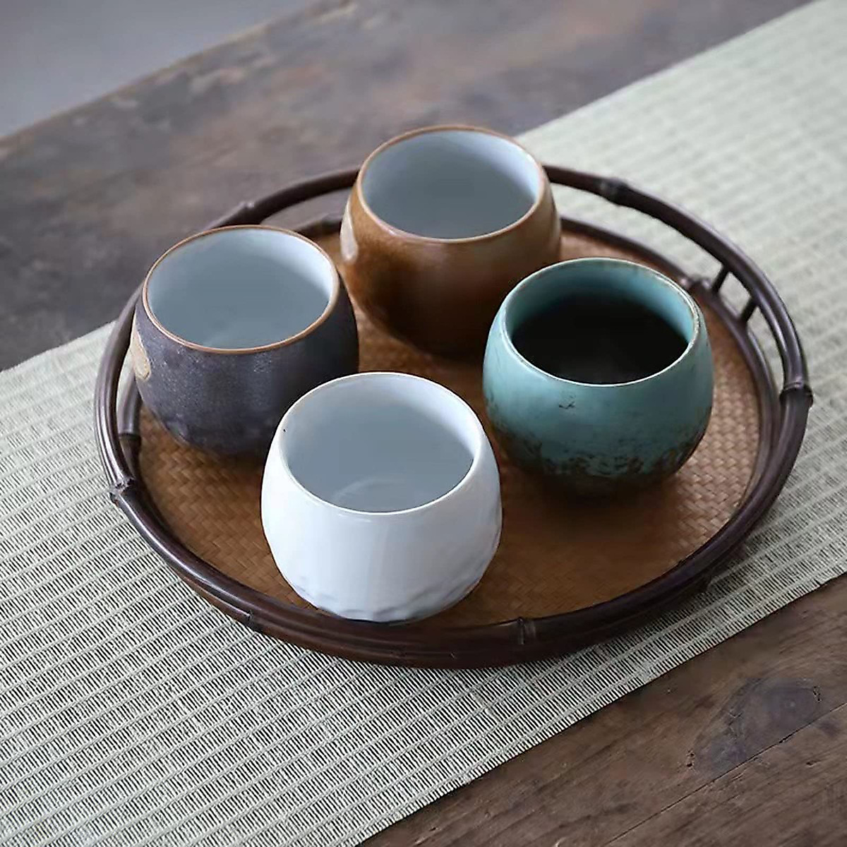 MQjzsh Chinese and Japanese teacups,Kung Fu tea cup set of four,gift box packaging，green tea cup, tea companion， rock-glazed gold painting, relief lotus pods (Four colour)