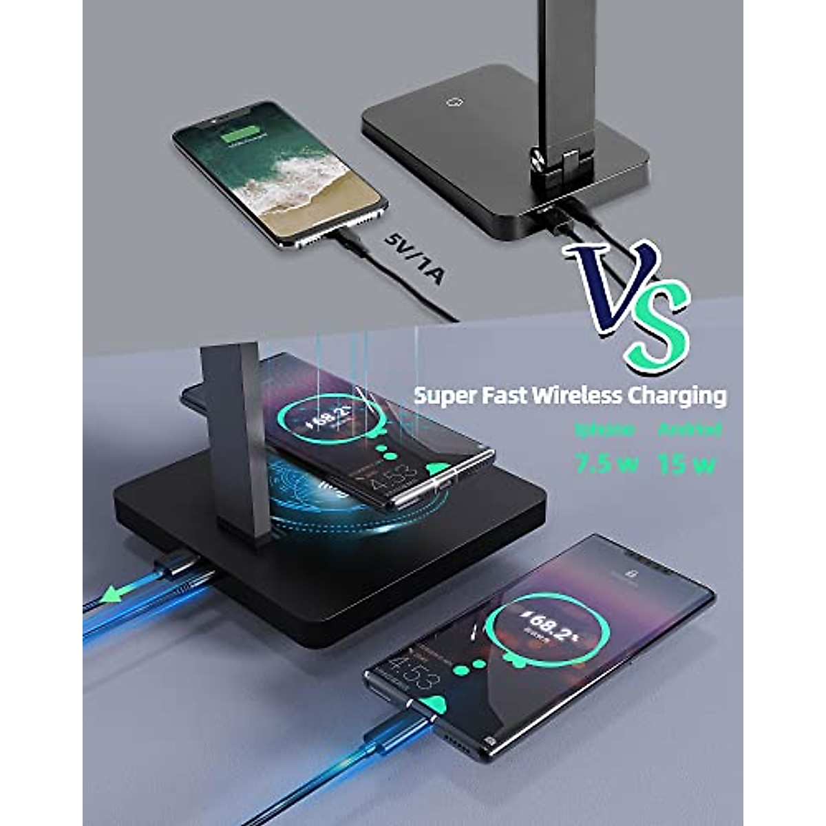 Flymuda LED Desk Lamp with 15W Wireless Charger & USB Charging Port, EyeCare Desk Light with 3 Lighting Modes, 5 Brightness Levels, Touch Control, 24W Adapter, Black Desk Lamp for Home Office