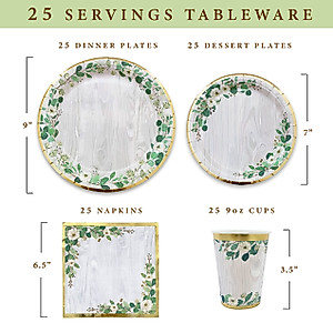 Woodland Sage Green Party Tableware with Paper Plates, Napkins, Disposable Cups, Gender Neutral Baby Shower, Boho Greenery, 25 Servings With Gold Foil, Bridal Shower, Birthday Supplies