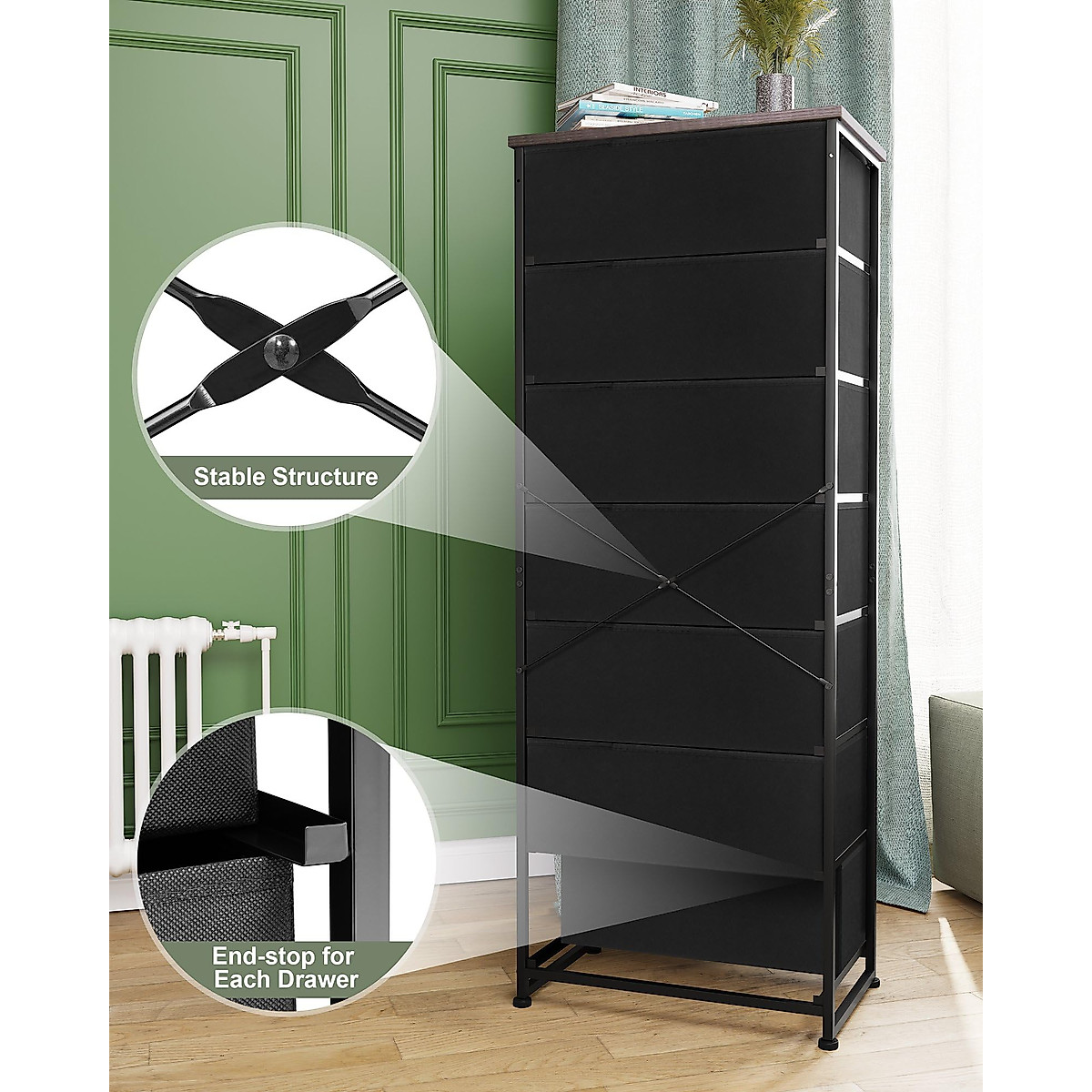 Crestlive Products Tall Dresser, 7-Drawer Fabric Storage Tower, Chests of Drawers - Vertical Organizer Unit for Bedroom, Hallway, Entryway, Nursery, Closets -Wood Top & Handles (Rustic Brown)