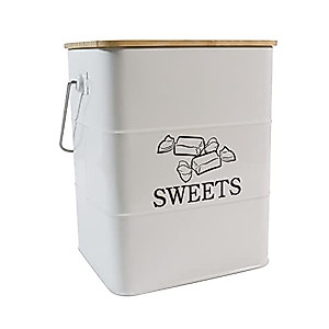 Gdfjiy Candy Jar for Kitchen Counter, White Metal Candy Can Candy Tin with Airtight Bamboo Lid & Portable Handles, Candy Buffet, Party Table - Food Storage Canisters for Candies, Cookies, Sugar Cubes, Chocolate and Snacks