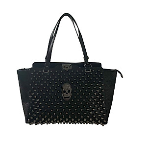 FiveloveTwo Women Skull Handbag Purse Gothic Top-handle Shoulder Bag PU Rivet Tote Satchel Black