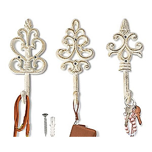Shabby Chic Decorative Wall Hooks - Set of 3 - Cast Iron French Country Wall Decor - Farmhouse Hangers for Coats, Purses and More - Rustic White