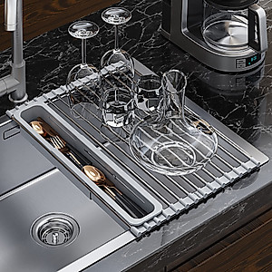 SINOART Sink Kitchen Roll Up Dish Drying Rack Roll Up Sink Drying Rack Portable Dish Rack Dishwasher SUS304 Stainless Steel Dish Drying Rack (Extended 13" x 23", Closed 13" x 13" - Expandable)