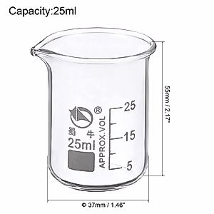 PATIKIL 25ml Low Form Glass Beaker, 3.3 Borosilicate Glass Graduated Printed Scale Measuring Cups with Spout for Kitchen Lab Liquids Transit Boiling