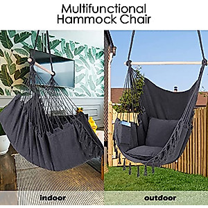 HFKJ Hammock Chair Hanging Rope Swing Chair with 2 Seat Cushions & Installation Kit, Max 330 Lbs, Handmade Macrame Hanging Chair for Bedroom Patio Yard Garden, Dark Grey