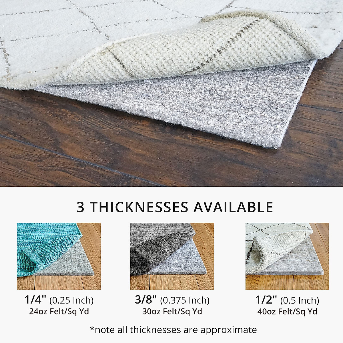 RUGPADUSA - Basics - 4'x6' - 3/8" Thick - 100% Felt - Protective Cushioning Rug Pad - Safe for All Floors and Finishes Including Hardwoods