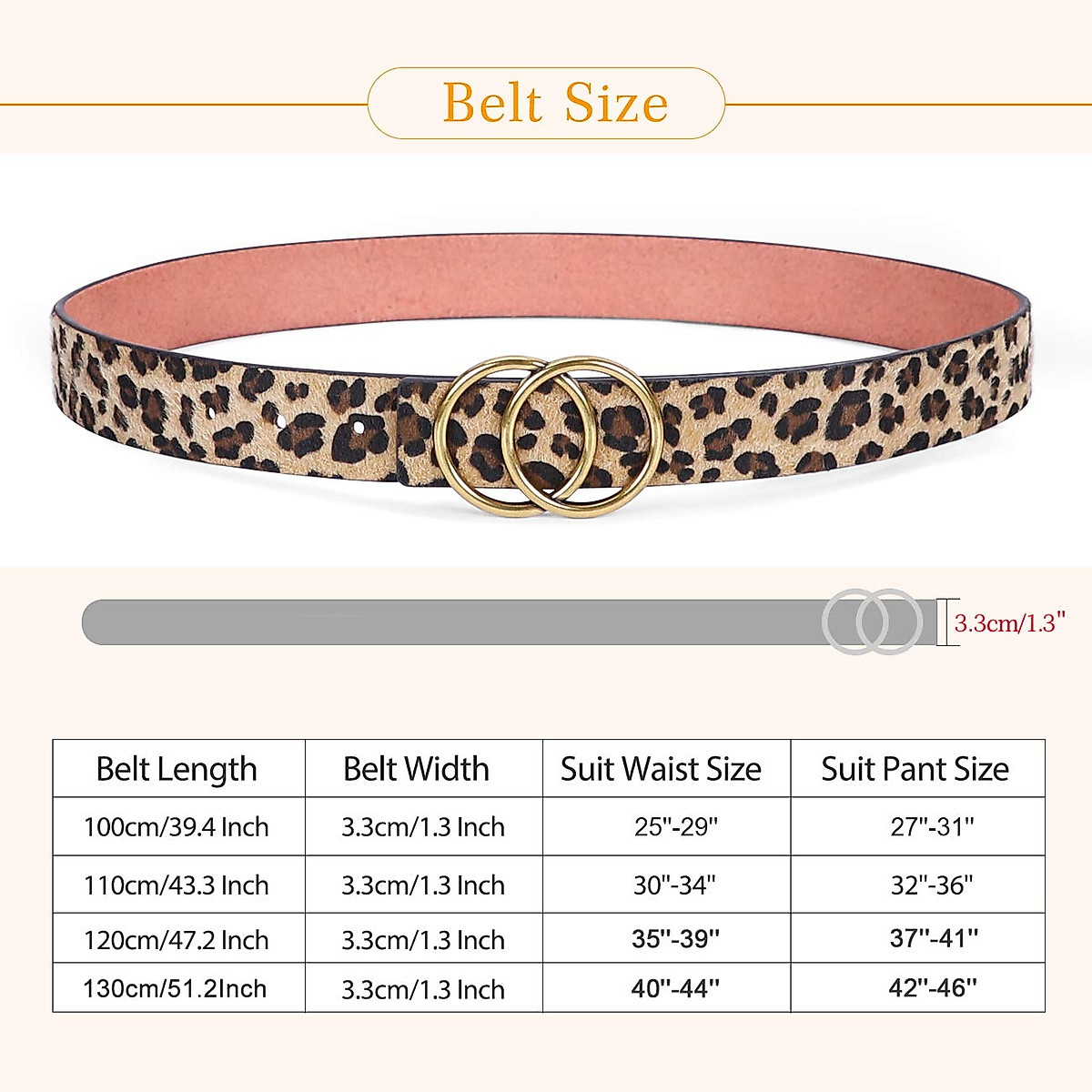 SUOSDEY Women's Leopard Print Leather Belt for Jeans Dresses Fashion Waist Belt with Gold Double Ring Buckle