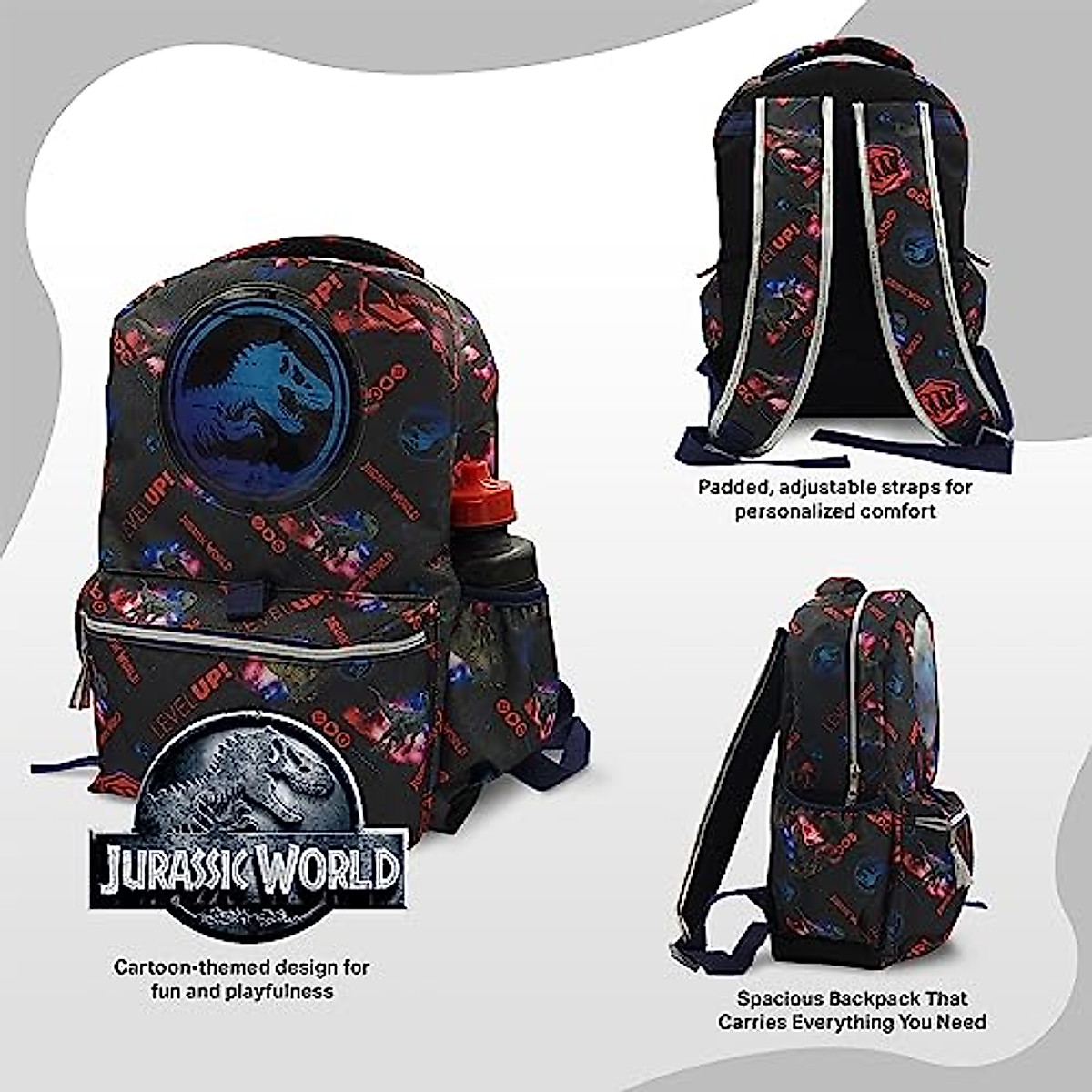 Fast Forward Jurassic Park Backpack for kids - 6 pieces Set, Dinosaur Backpack with Lunch Box, Perfect for Back to School & Elementary Age Boys