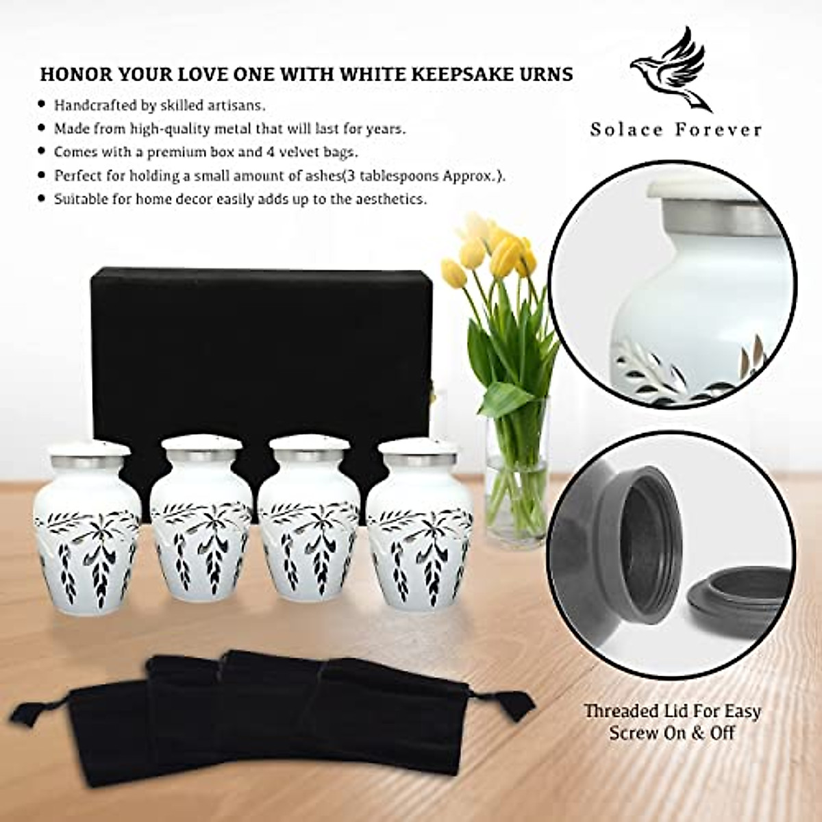 White Keepsake Urns for Ashes - Mini Urns for Human Ashes Set of 4 with Premium Box - Handcrafted White Urns - Honor Your Loved One with Mini Cremation Urns - Small Urns Set for Adult Male & Female