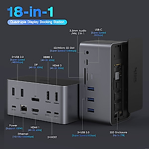 USB C Docking Station,18 in 1 Quadruple Display Docking Station with 4K HDMI+SSD Enclosure+DP Display+Ethernet+USB+SD for MacBook Pro/Air, Surface Pro 7, Dell XPS 13, More Thunderbolt 3 Laptops