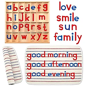 Montessori Letters Movable Wood Alphabet with Box and Large Mat Small Wooden Alphabet Letters Montessori Trays Preschool Spelling Learning Language Materials Objects, Red, Blue
