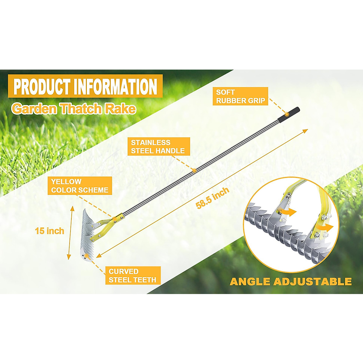 BARAYSTUS Thatch Rake, 15-Inch Wide Lawn Thatching Rake for Cleaning Dead Grass, Efficient Steel Metal Lawn Grass Rake with Stainless Steel Handle, Lawn loosening Soil Rake, 58.5-Inch Length