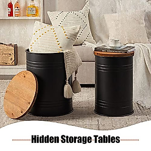 BRIAN & DANY 2 Pack Farmhouse Accent Side Table, Rustic Storage Ottoman Seat Stool with Round Wood Lid, Galvanized Metal Storage Bin for Living Room Furniture, Black