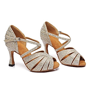 Minishion Women's Cross Strap Gold Glitter Latin Dance Shoes US 8.5