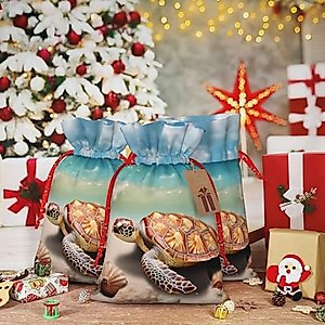 RLDOBOFE Christmas Gift Bags With Drawstring Sea Turtle Starfish Christmas Burlap Gift Bag Christmas Drawstring Bag for Halloween Xmas Candy Bags Reusable Xmas Present Bags for Party Decorations