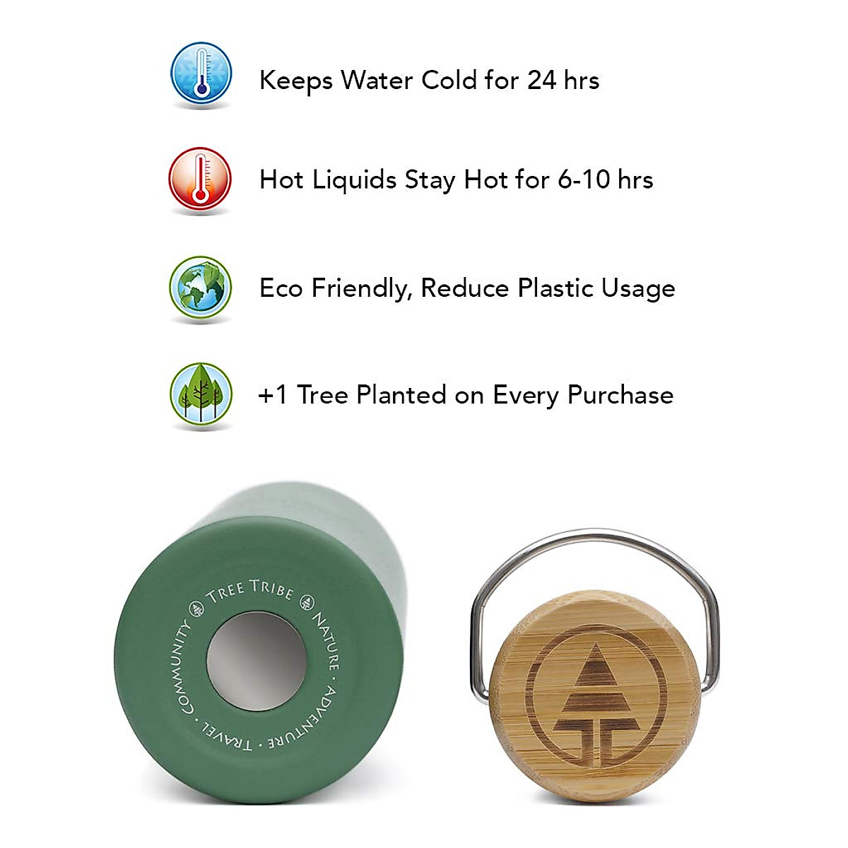 Tree Tribe Green Turtle Water Bottle - Eco Friendly Stainless Steel, Indestructible, BPA Free, 100% Leak Proof, Double Wall Insulated for Hot and Cold, Wide Mouth - 20 oz